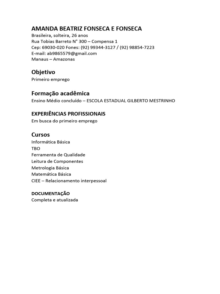 Currículo de Amanda Beatriz Fonseca | PDF