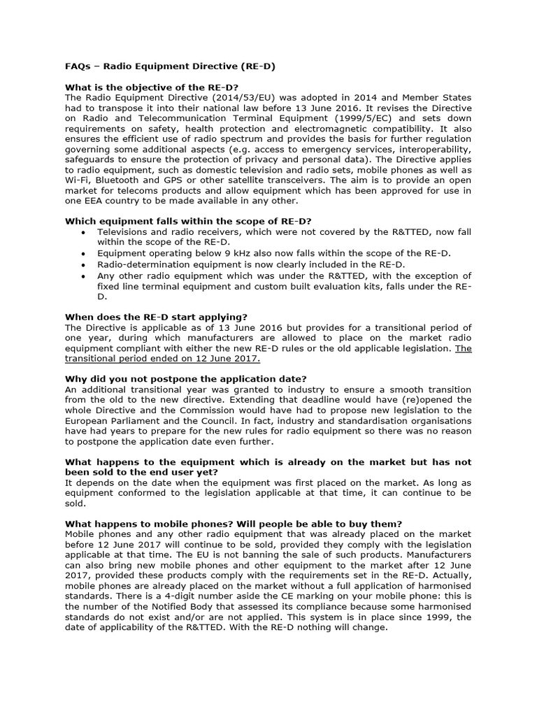 Radio Equipment Directive FAQs | PDF | Standardization