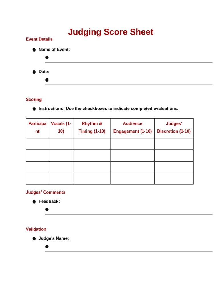 Judging Score Sheet Online Free | PDF