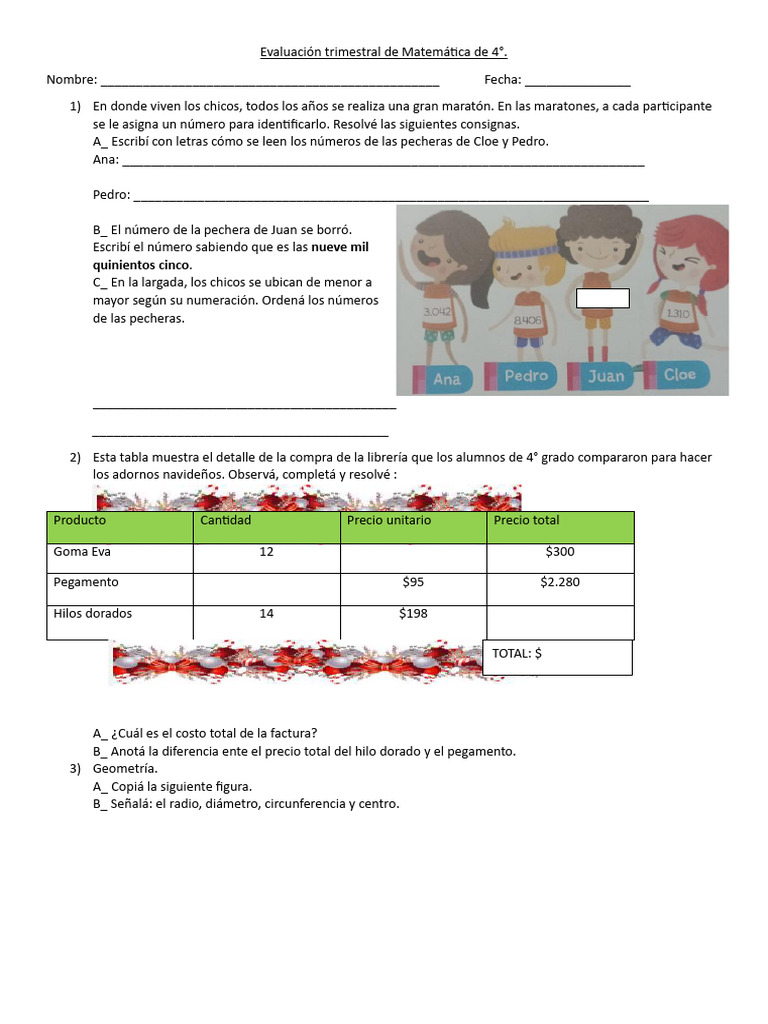 Evaluación trimestral de Matemática de 1 | PDF