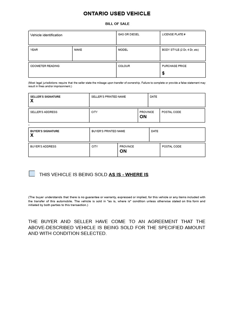 Ontario Used Vehicle Bill of Sale Template | PDF