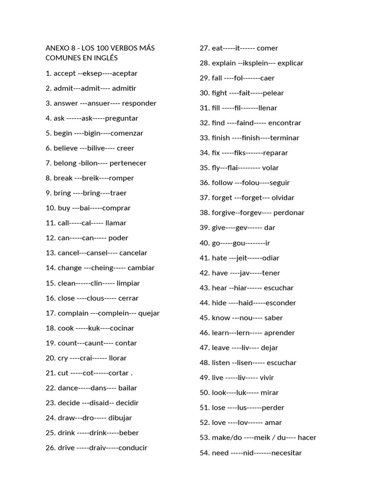 100 Verbos Comunes en Inglés | PDF