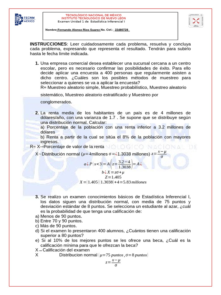Examen de Estadistica Inferencial I | PDF | Muestreo (Estadísticas) | Distribución normal