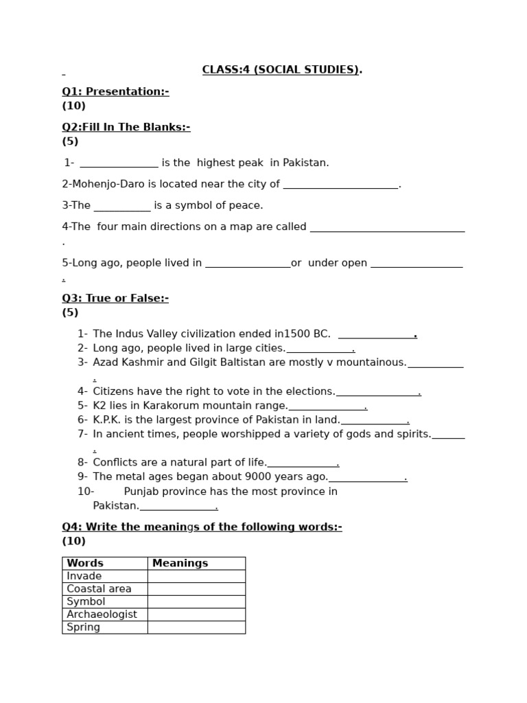 ANNUAL EXAM (Class 4) SOCIAL STUDIES | PDF | Pakistan