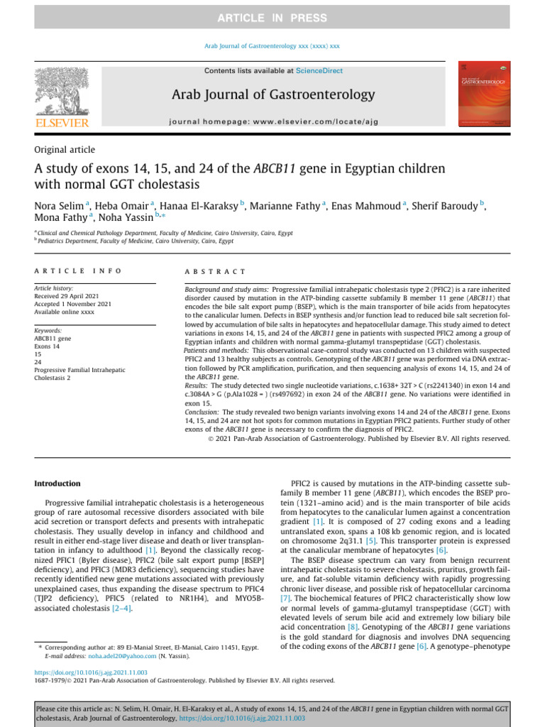 A Study of Exons 14, 15, and 24 of The ABCB11 Gene in Egyptian Children ...