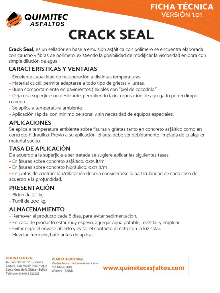 Sellador Crack Seal para Grietas | PDF | Hormigón | Viscosidad
