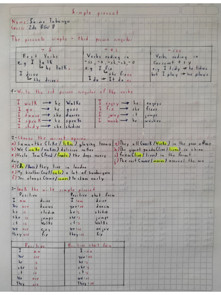 Simple Present Jaime Tabango 2do Bgu D | PDF