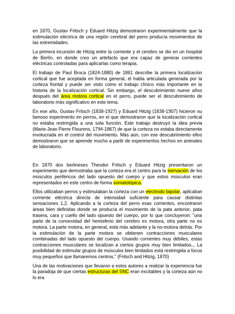 Descubrimientos de Fritsch y Hitzig | PDF | Cerebro | Corteza cerebral