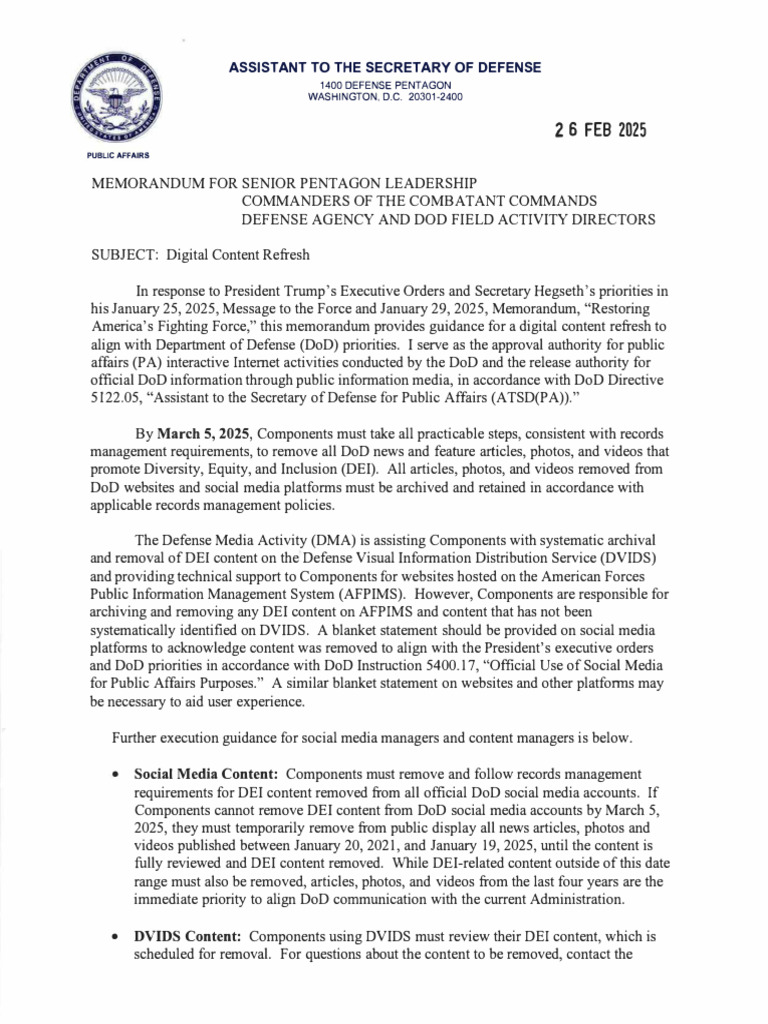 Dept of Defense Digital Content Refresh Memo | PDF | United States ...