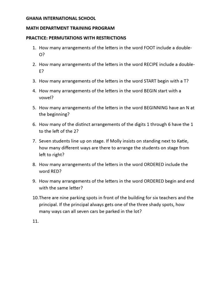 Practice - Permutations With Restrictions | PDF
