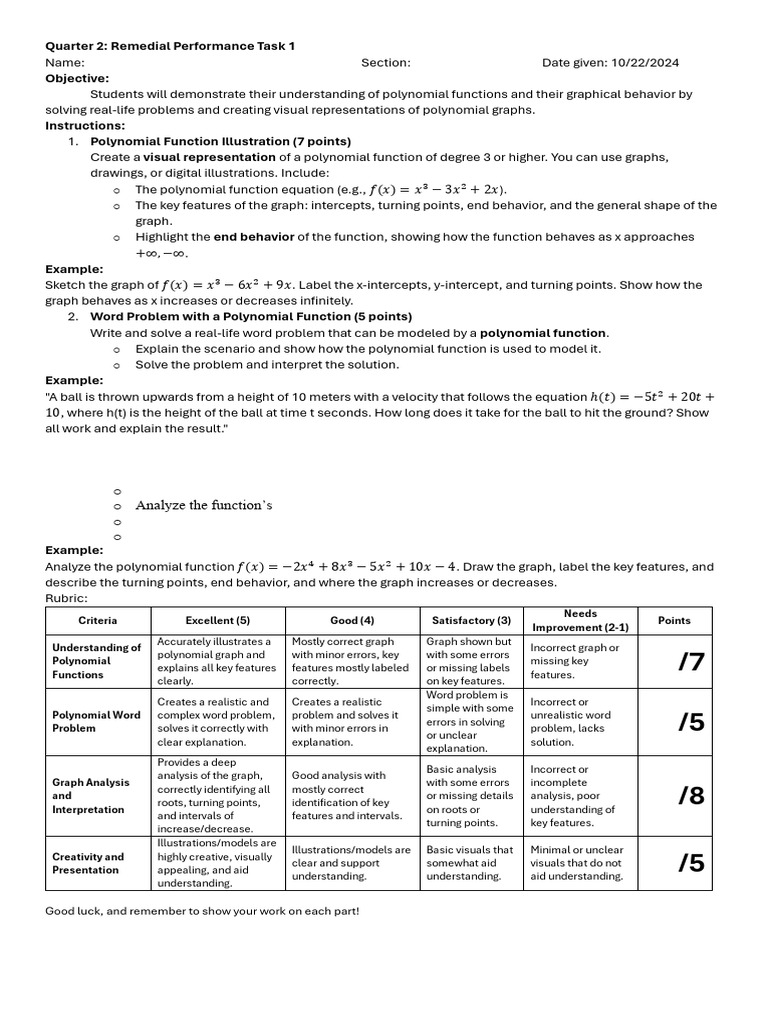 Quarter 2 - Remedial Performance Task 1 | PDF | Polynomial | Function ...