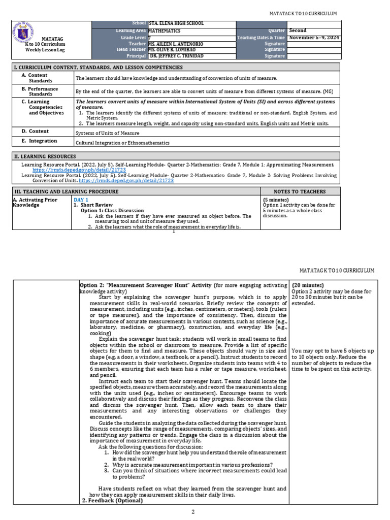 DLL Matatag - Mathematics 7 Q2 W2 | PDF | Measurement | Gallon