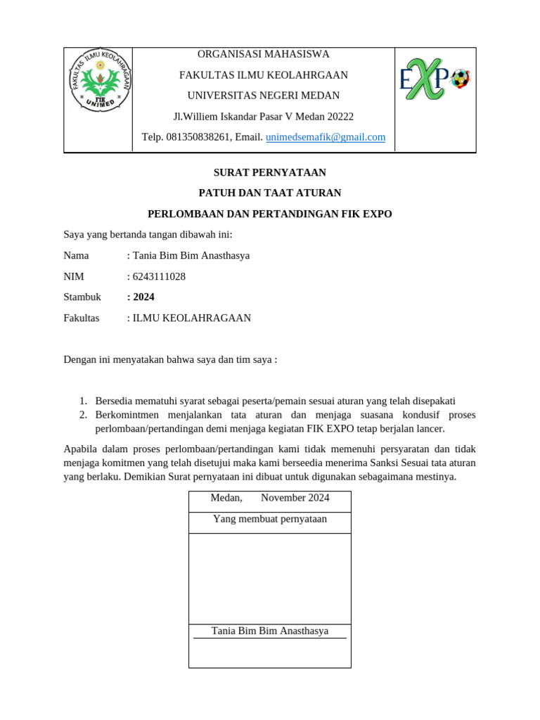 Surat Pernyataan Taat Aturan | PDF