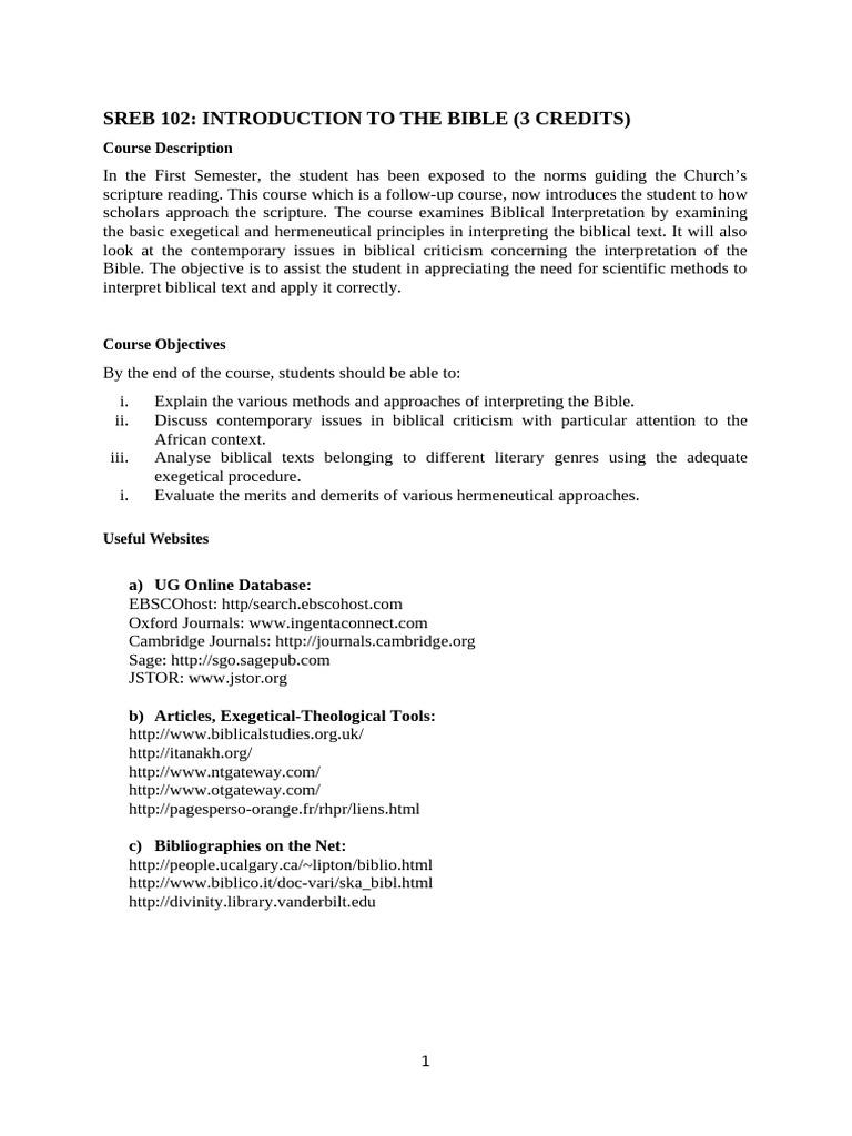 Introduction To The Bible II - Couse Outline | PDF | Exegesis ...