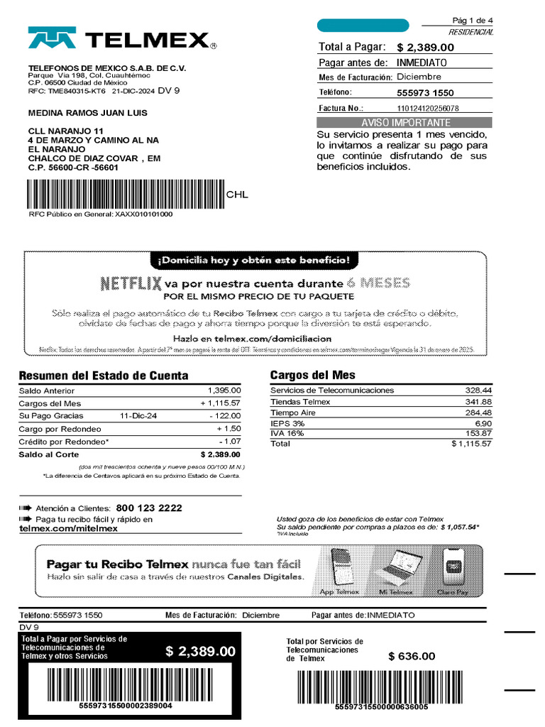Recibo Telmex | PDF