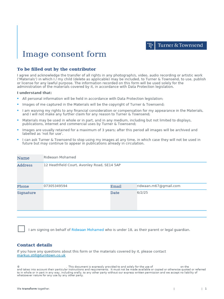 Turner and Townsend - Image Consent Form | PDF | Legal Liability | Consent