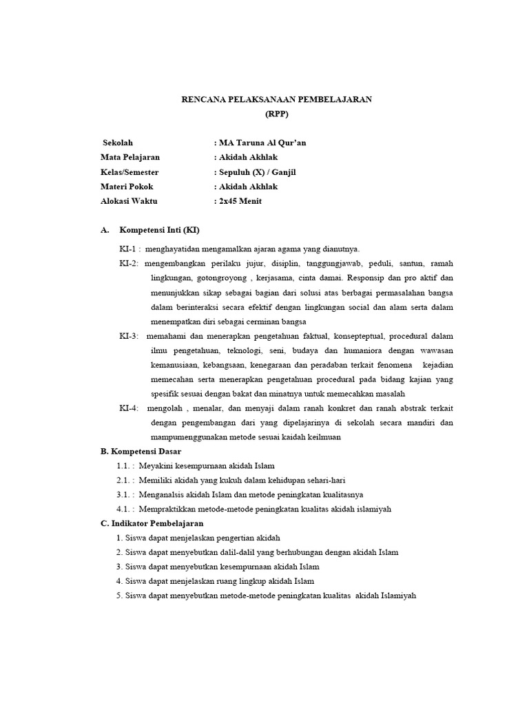 RPP AKIDAH AKHLAK X dan XI | PDF