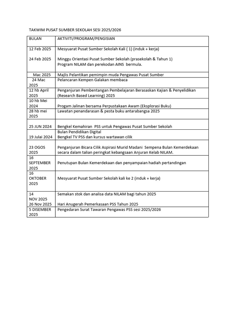 Takwim Pusat Sumber Sekolah 2025/2026 | PDF