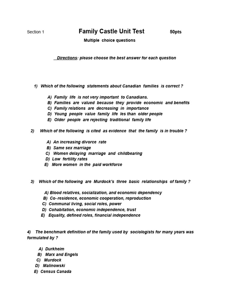 Family Castle Unit Test | PDF | Family | Marriage