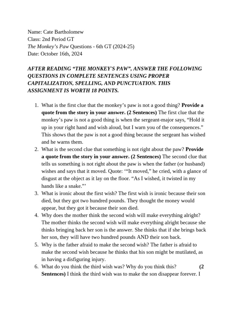 The Monkey's Paw: Comprehension Questions | PDF