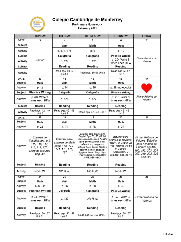 F-CA-40 Hoja de Tareas Mensual 1-3K.xlsx - PrePrimary FEB 2025 | PDF