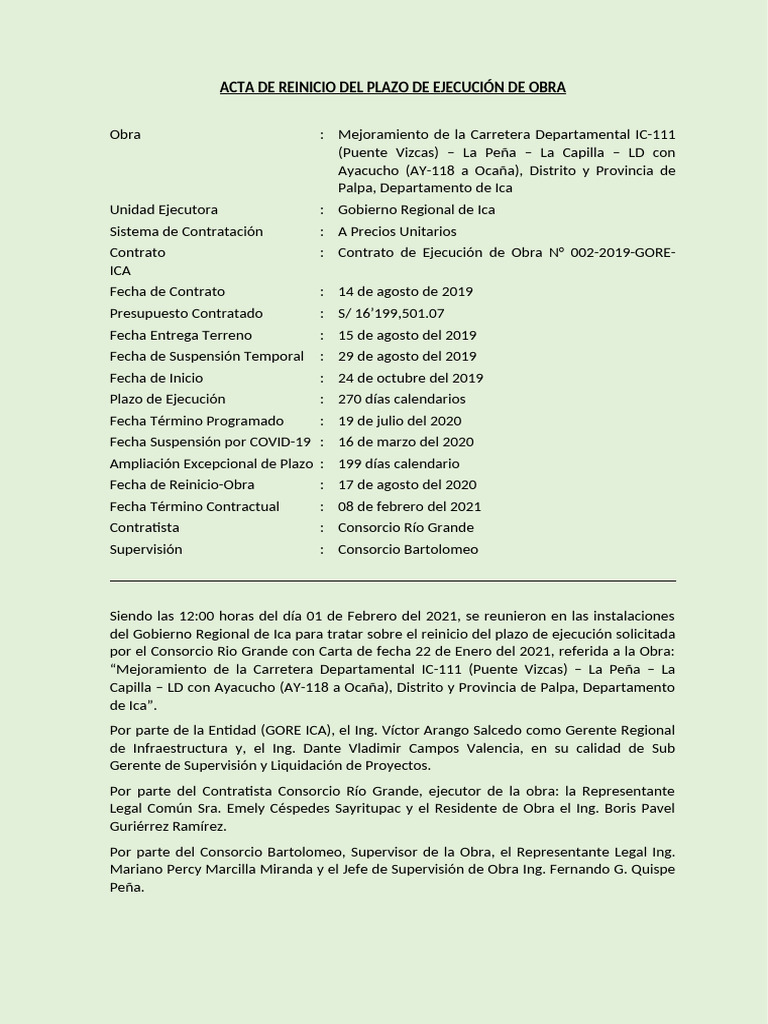 Acta de Reinicio de Obra | PDF