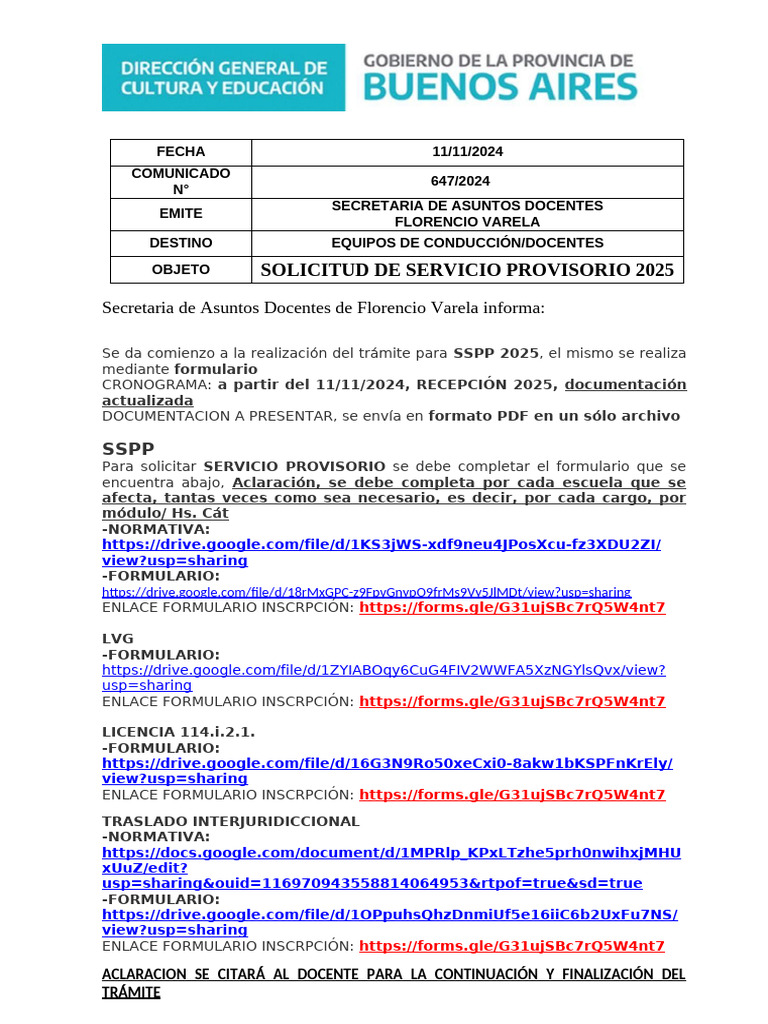 Comunicado.n°647.solicitud Servicio Provisorio 2024.2025 | PDF