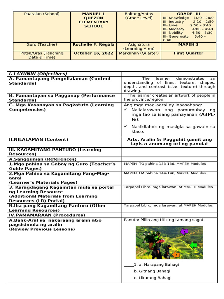 Mapeh DLP Arts Yunit 1 Aralin 5 | PDF