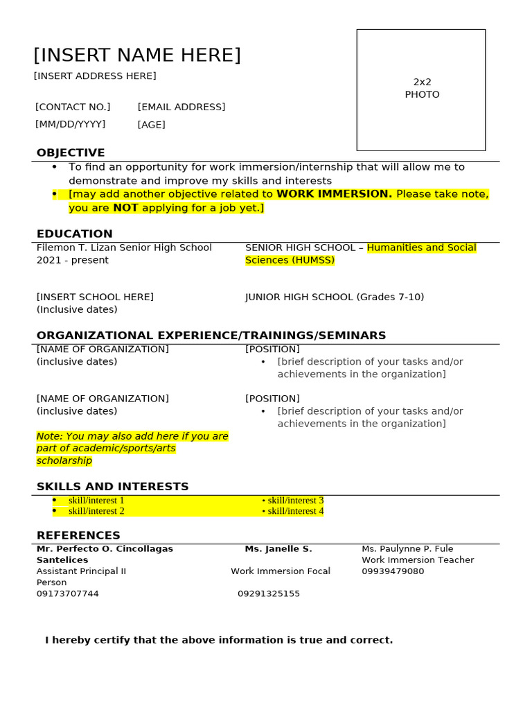 3 Work Immersion Resume | PDF