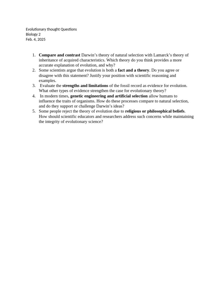 Evolutionary Theory Discussion Questions | PDF
