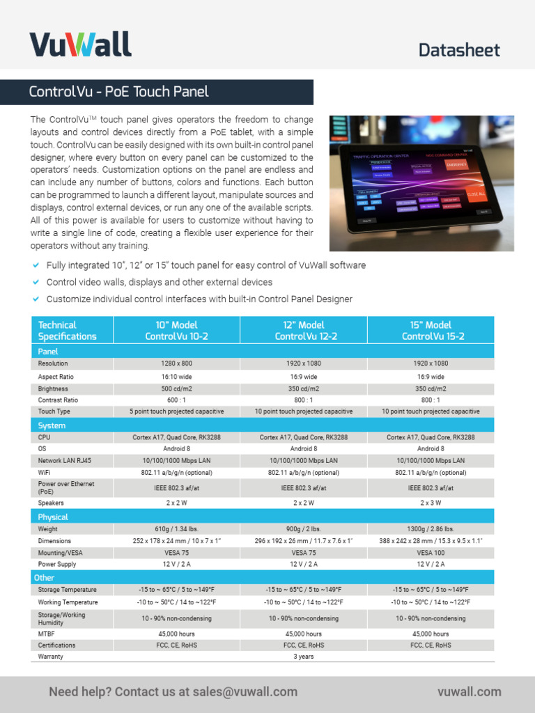 VuWall ControlVu Datasheet | PDF | Touchscreen | Android (Operating System)