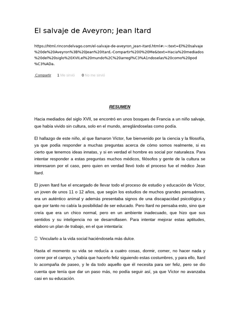 El salvaje de Aveyron: Víctor e Itard | PDF