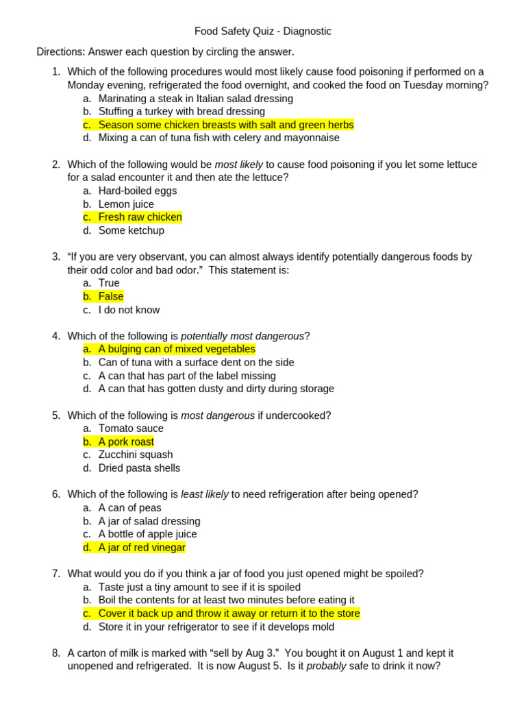 Food Safety Quiz: Diagnostic Test | PDF | Salad | Foods