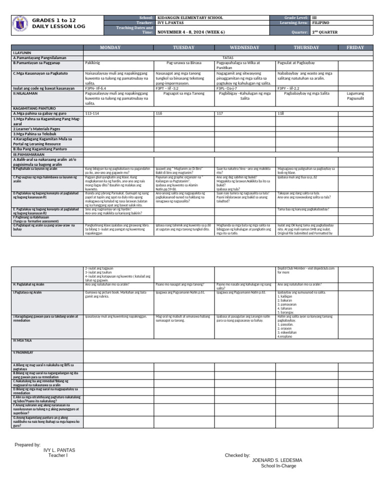 DLL - Filipino 3 - Q2 - W6 | PDF