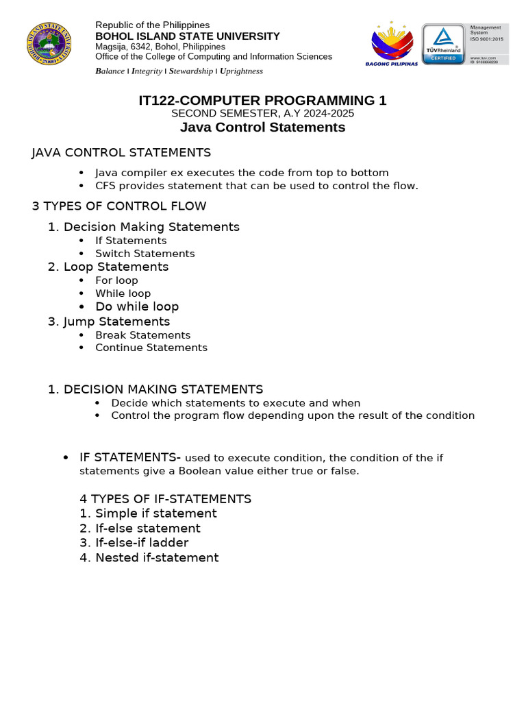 JAVA Control Flow Statements | PDF | Control Flow | Computer Programming JAVA Control Flow Statements | PDF | Control Flow | Computer Programming