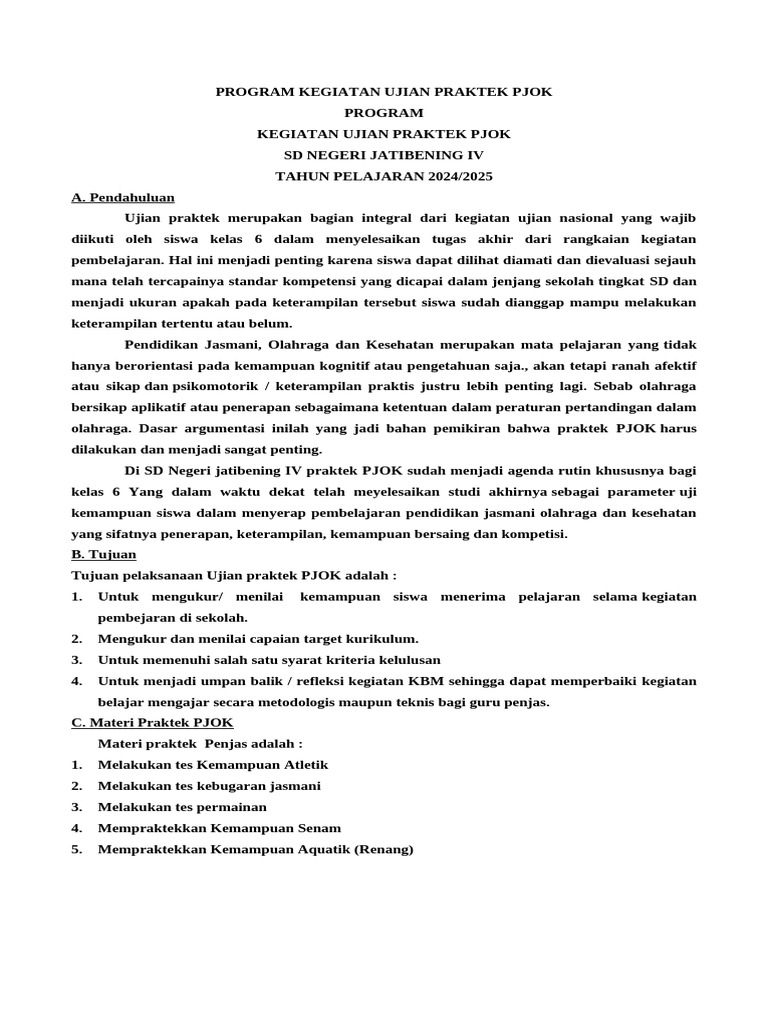 Program Kelas 6 Ujian Praktek Pjok 2024 2025 | PDF