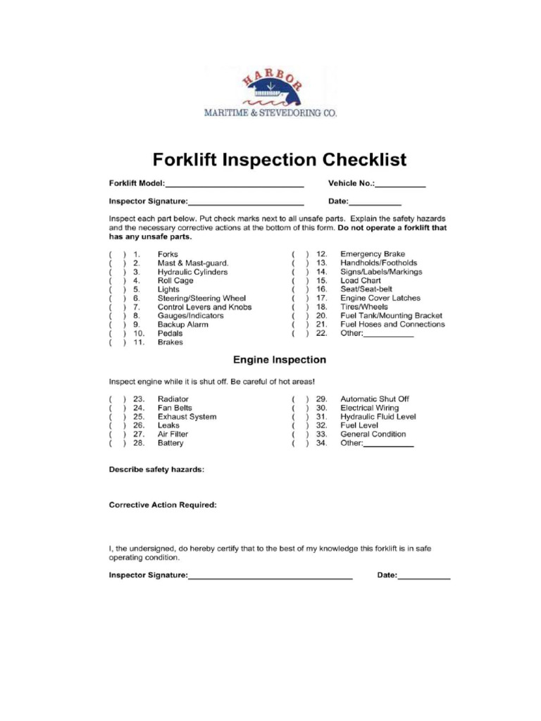 Forklift Inspection Checklist Pdf