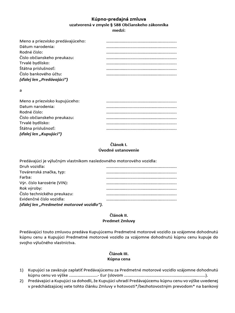 Kupno Predajna Zmluva Auta | PDF