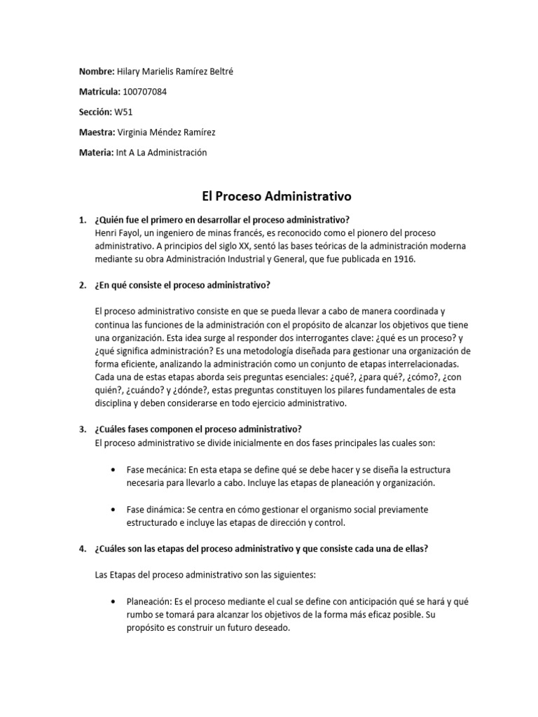 El Proceso Administrativo. Hilary Ramírez 100707084 Sección W51 | PDF | Planificación