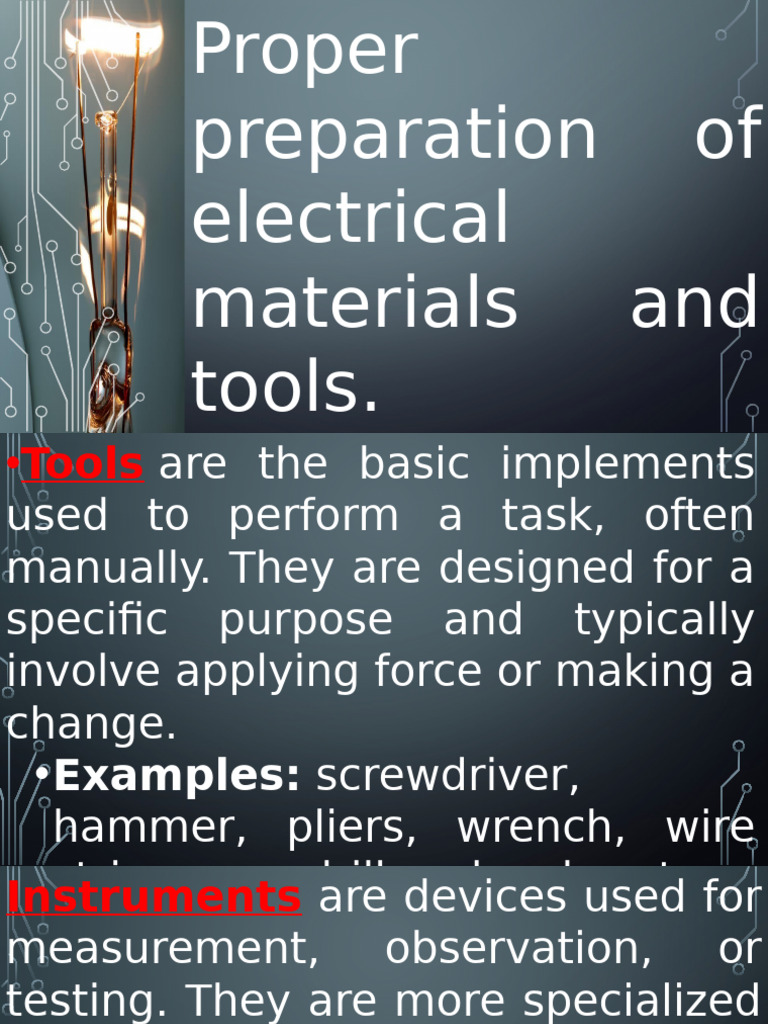 lesson 1 PREPARATION OF TOOLS PPT [Autosaved] | PDF | Electrical Conductor | Electrical Wiring