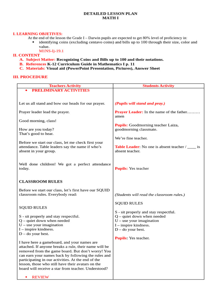 Detailed Lesson Plan Math | PDF | Currency | Foreign Exchange Market