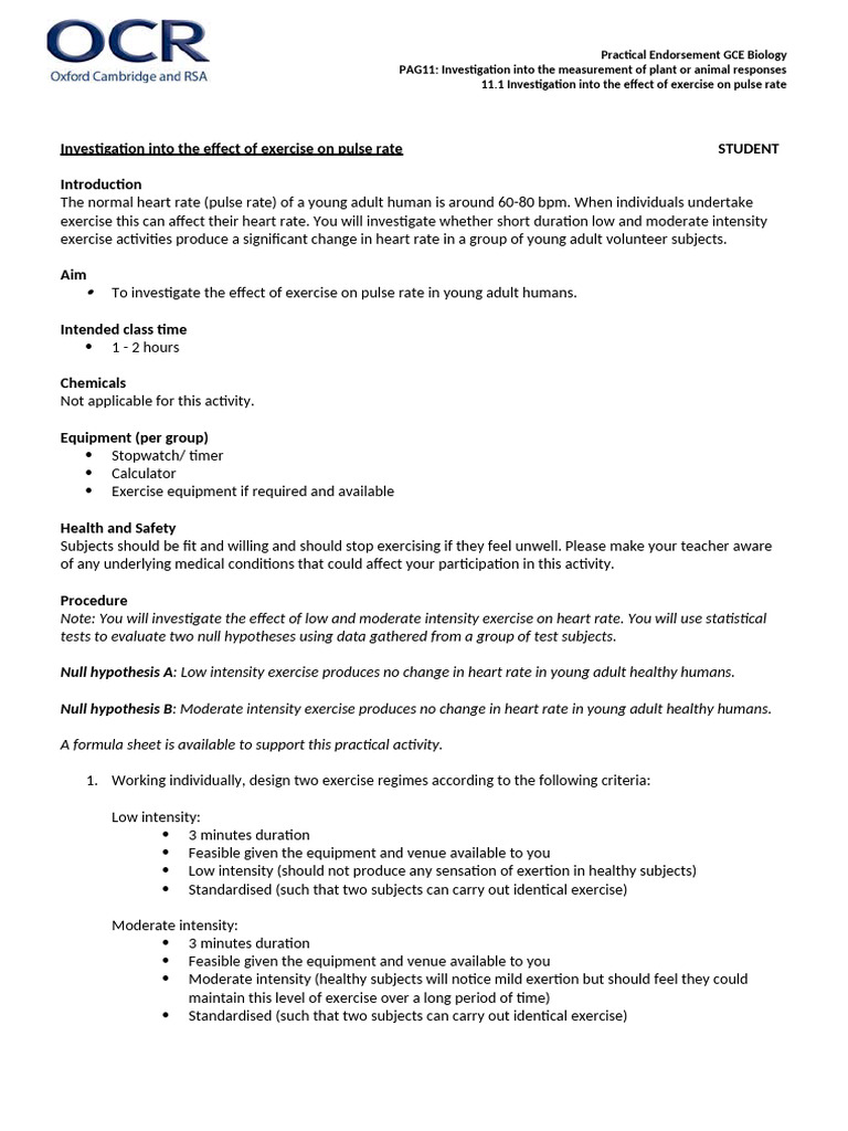 Exercise Impact on Pulse Rate Study | PDF | Heart Rate | Hypothesis