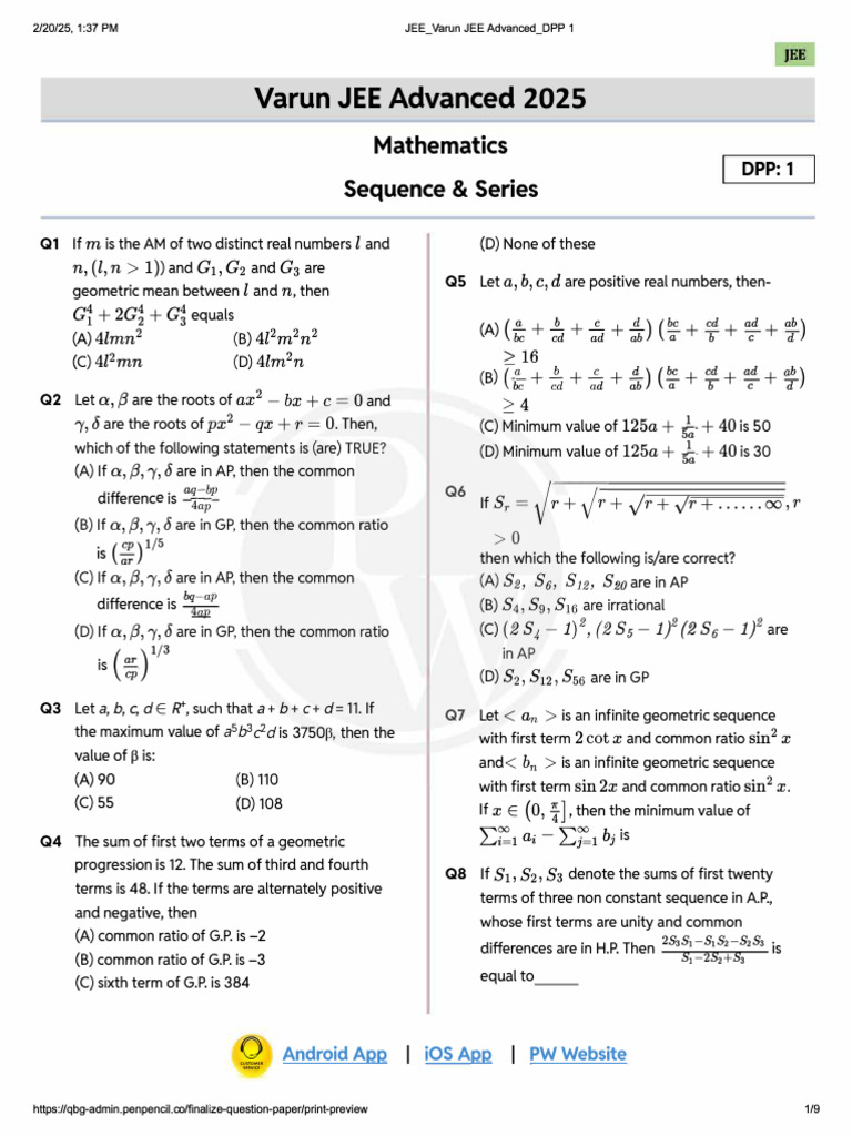 Sequence & Series _ DPP 01 __ Varun JEE Advanced 2025 | PDF | Mathematical Objects | Mathematics