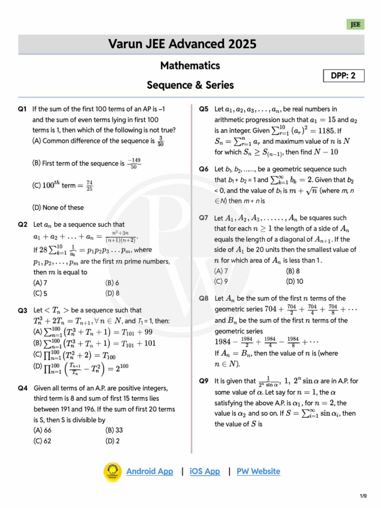 Sequence & Series - DPP 02 - Varun JEE Advanced 2025 | PDF | Mathematical Objects | Mathematical ...