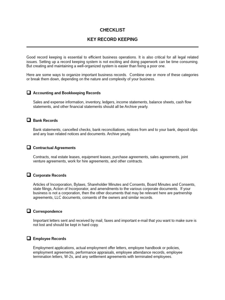Checklist_Key Record Keeping | PDF | Employment | License