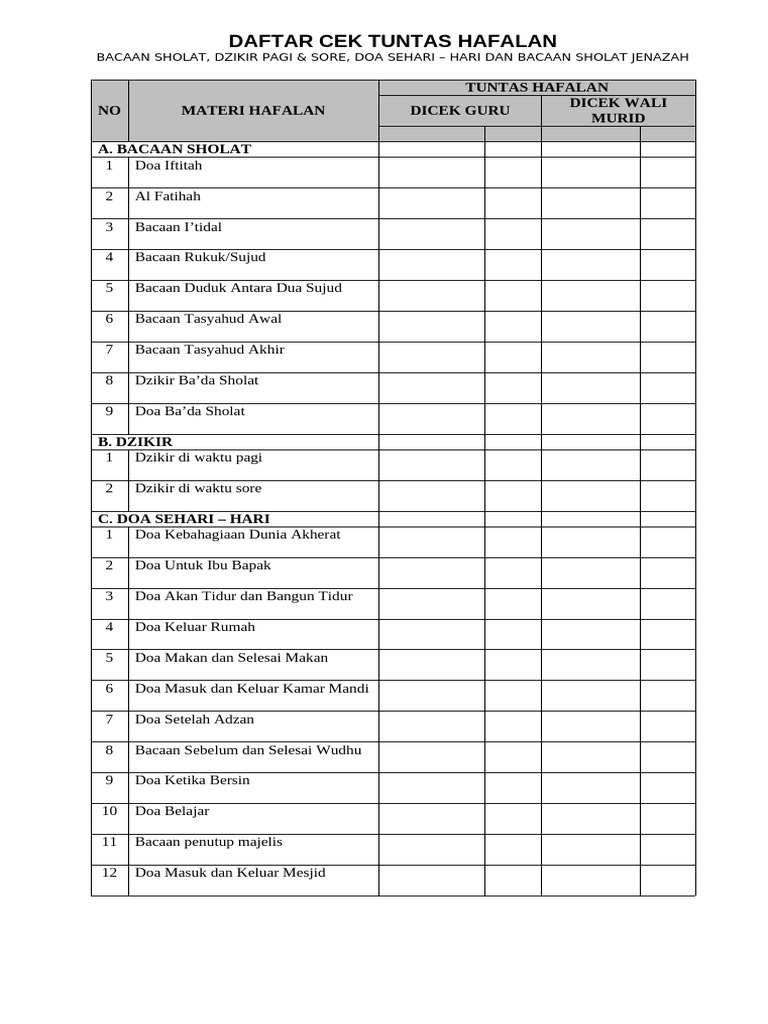 Form Tuntas Hafalan Bagian 1 | PDF