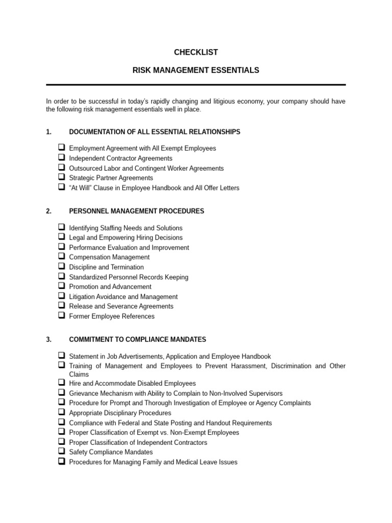 Checklist - Risk Management Essentials | PDF | Employment | Copyright