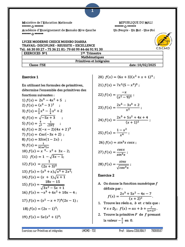 Exercices de Primitives et Intégrales | PDF | Intégral | Concepts ...