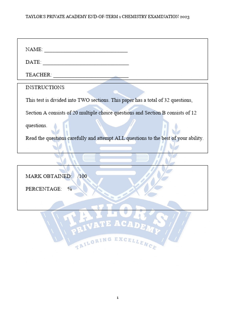 Tpa Chemistry Exam Eot-Secondary (Upper) 2023 | PDF | Ion | Chemical Bond