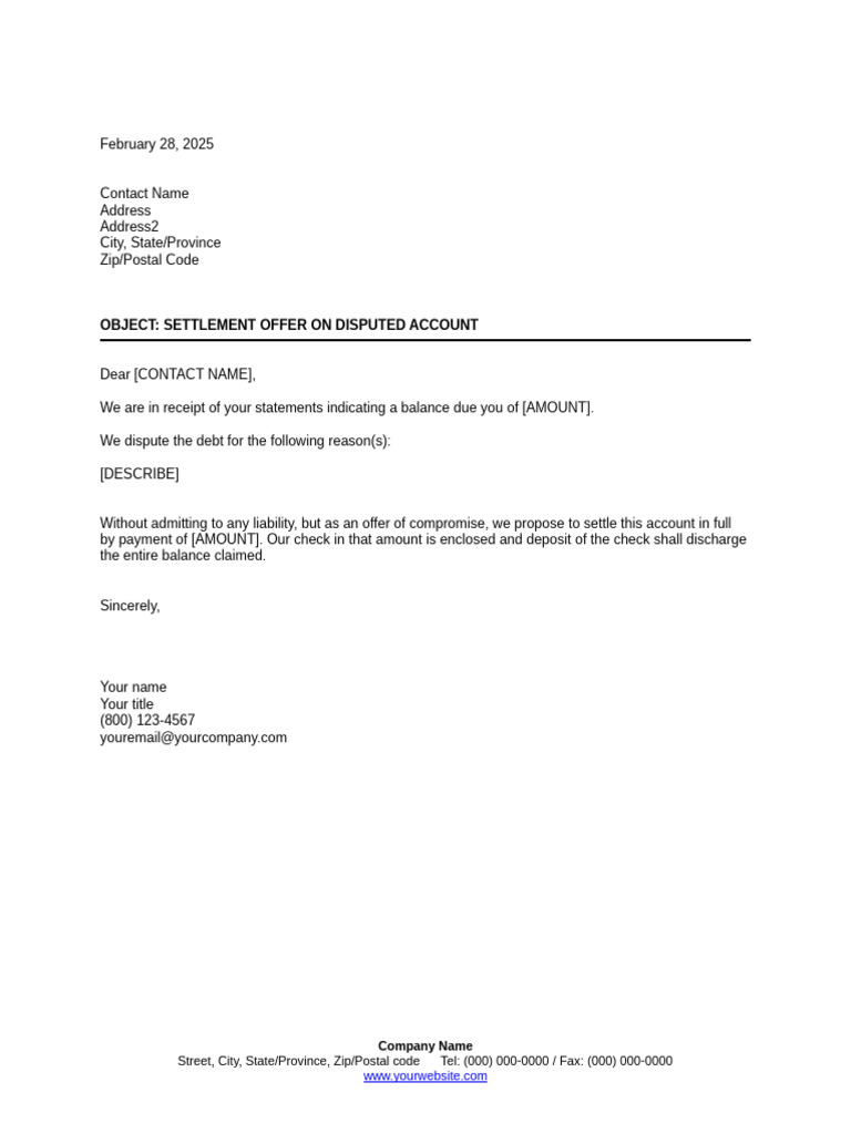 Settlement Offer On Disputed Account | PDF